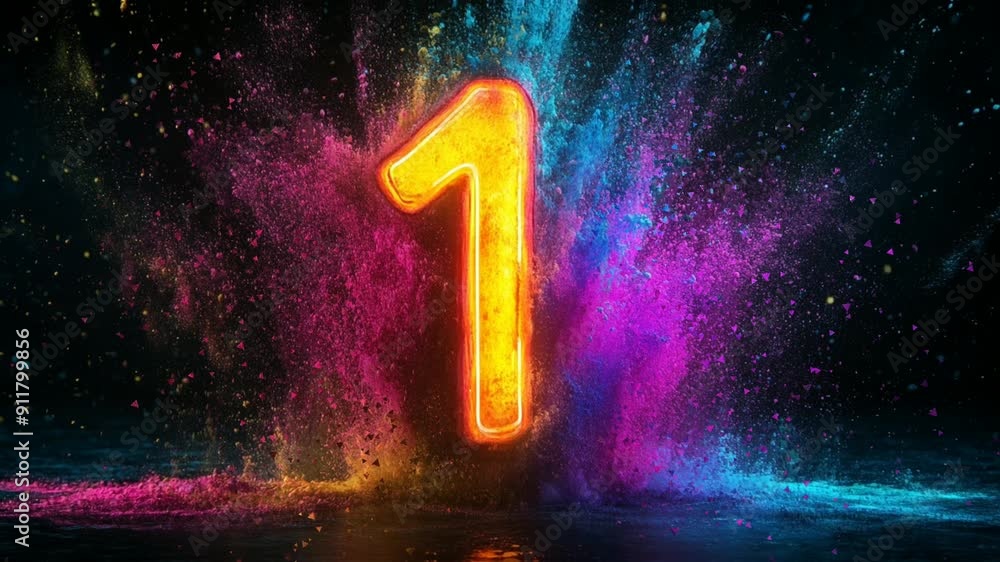 Letter number 1 colorful 3d neon art with multicolor powder splash on ...