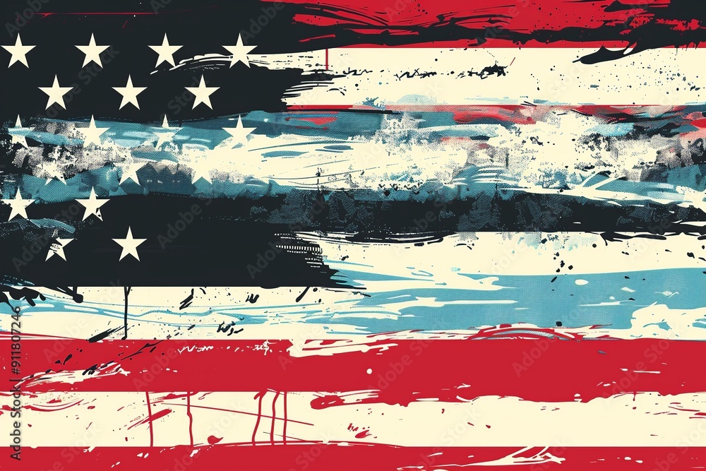 This digital illustration of the United States flag features a vibrant ...