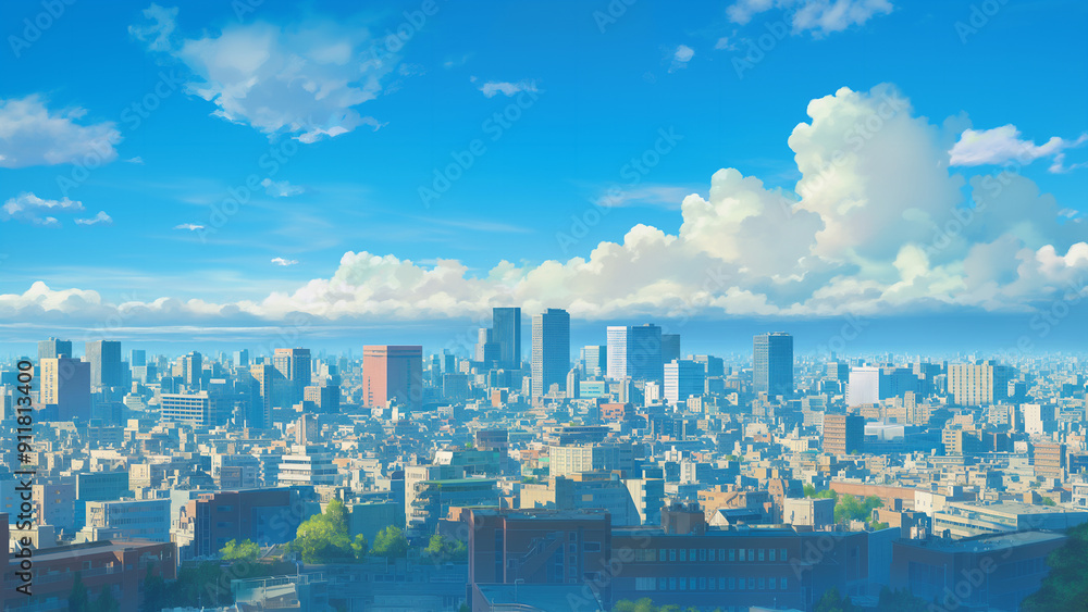 Tokyo landscape image. Styled like an anime or game background. Blue ...
