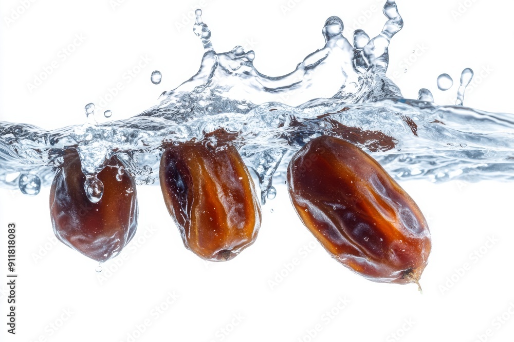 Kholas Dates falling into the water with a splash on a white background ...
