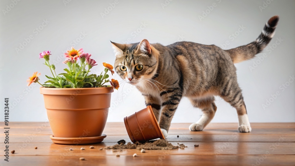 Cat tipping over flower pot, making a mess, Cat, overturned, pot ...