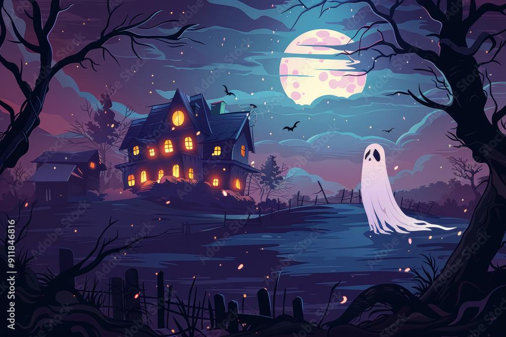 White ghost in a mysterious dark place on a spooky night, huge full ...