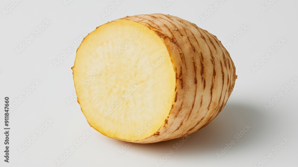 Detailed half of a yellow yam, showing its pale interior and rugged ...