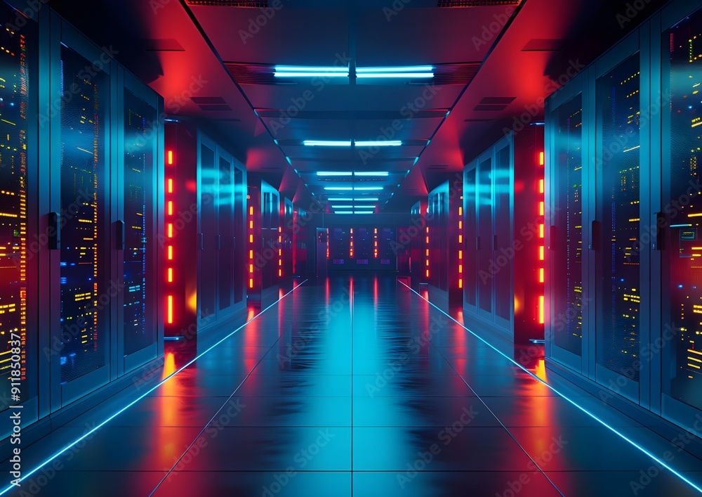 A high-resolution, photorealistic image of an advanced data center with ...