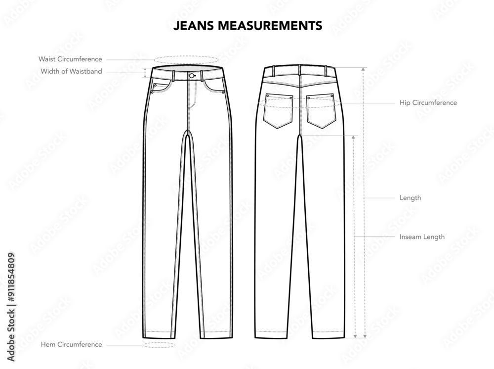 Set of Jeans Pants Measurement - Circumference, Length, Width, Size ...