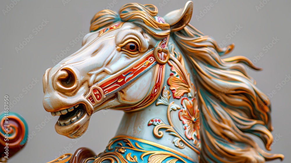 Detailed image of a traditional carousel horse, rich in color and ...