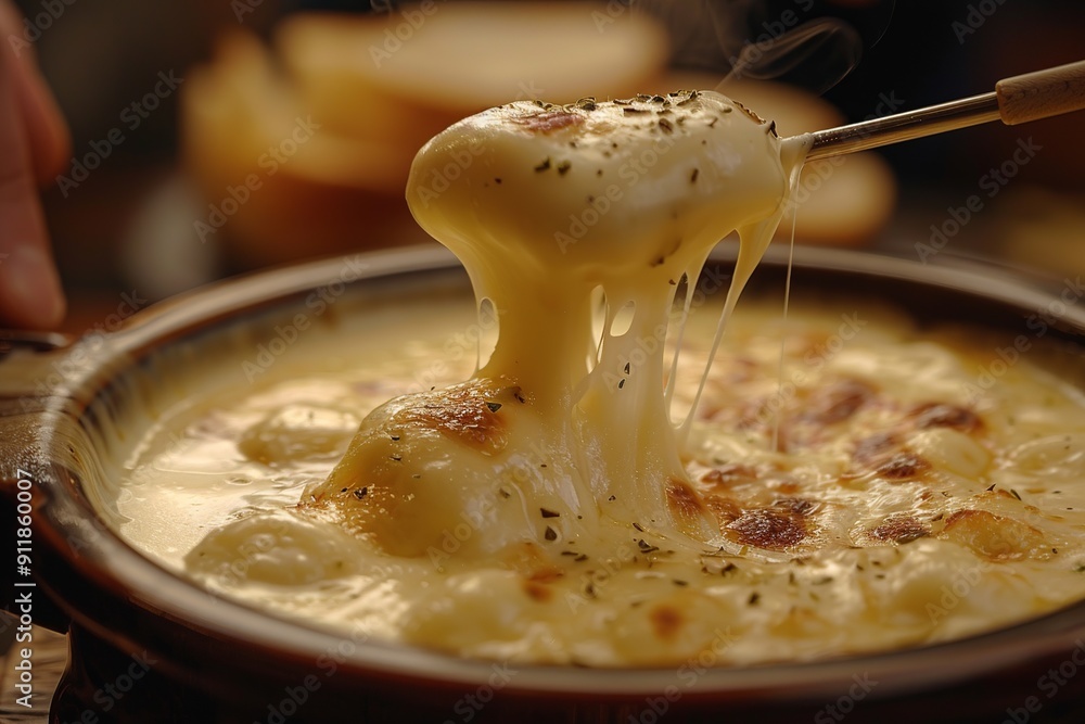 This dynamic shot captures the act of dipping a skewered dipper into a ...