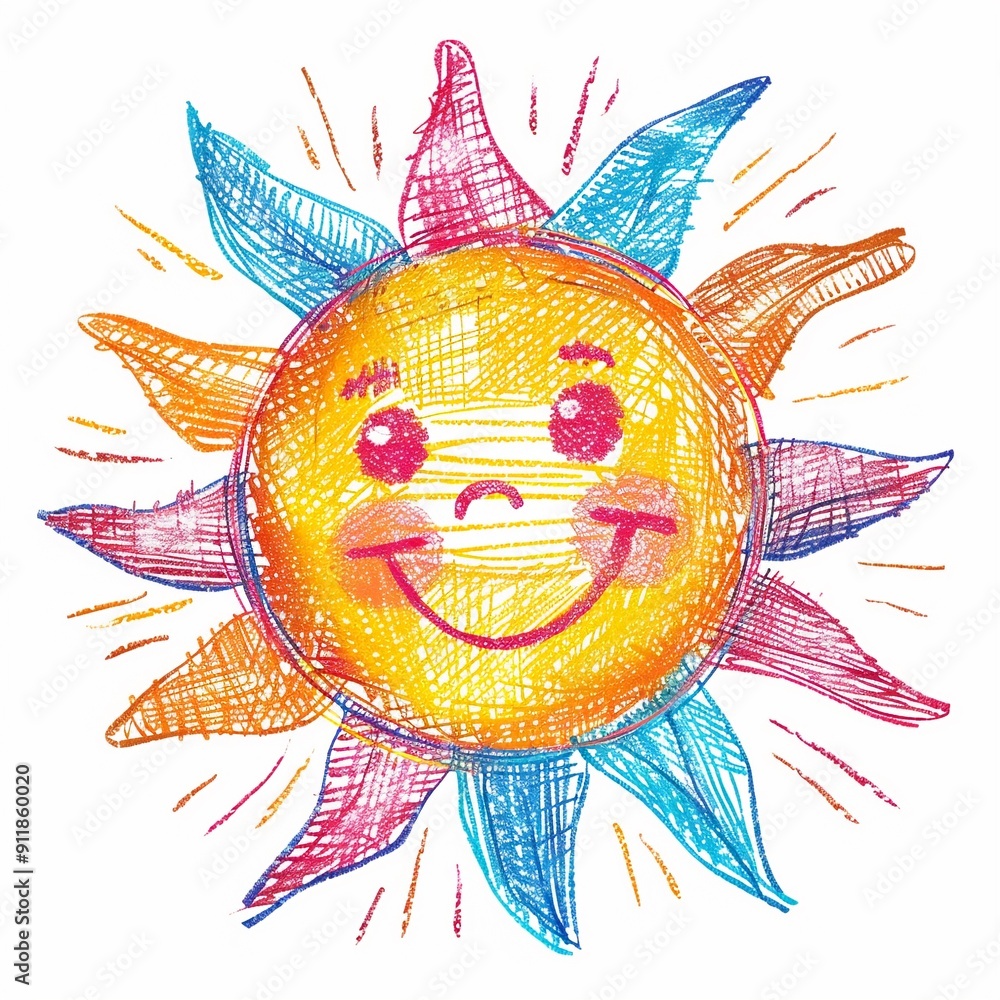 Children doodle illustration of a colorful happy sun with smiling face ...