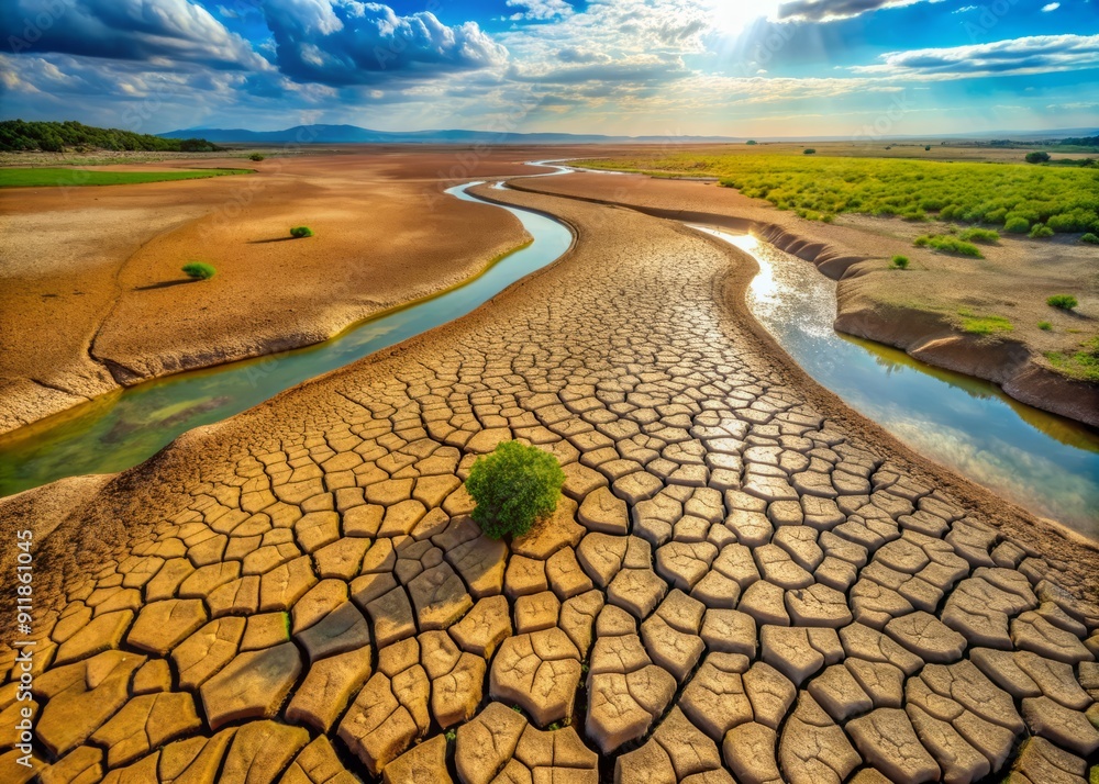 Aerial view of a barren, cracked, and parched dry riverbed, a stark ...