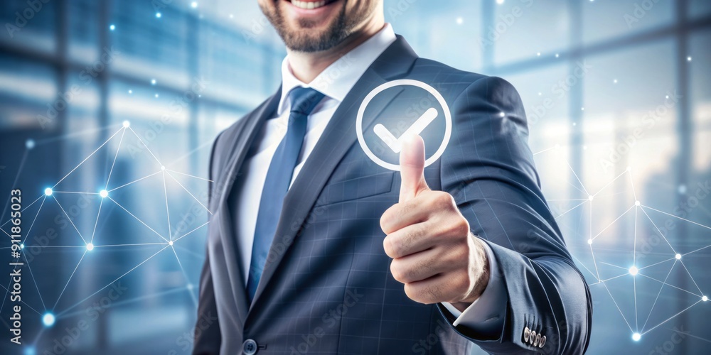 A confident entrepreneur gives a digital thumbs up, tapping a correct ...