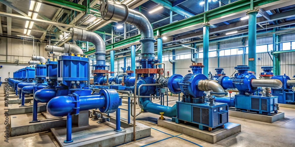 Industrial scenery of water pump distribution system in a power plant ...