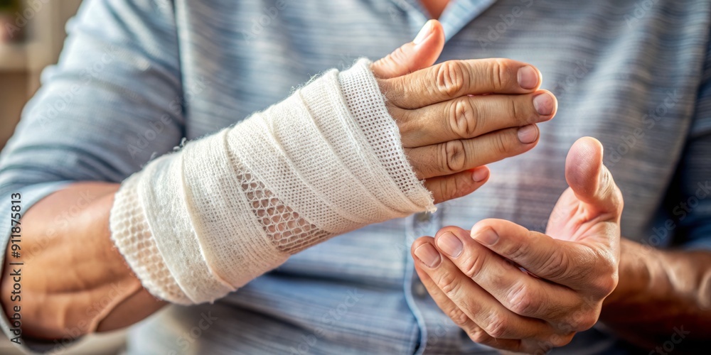 A gentle and caring hand carefully wraps a flexible splint around a ...