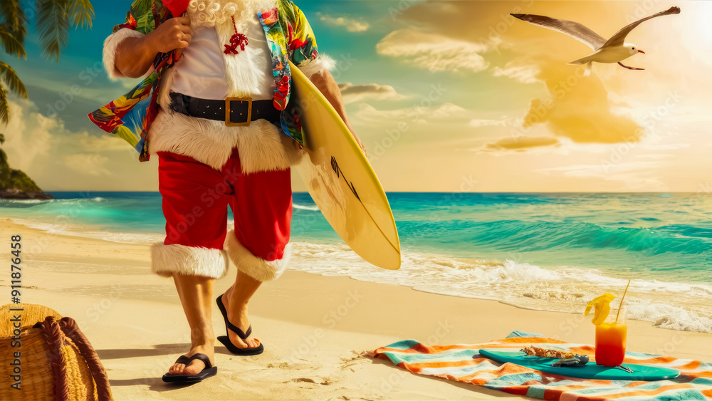 Santa in bermuda shorts and flip flops standing in a beach scene with a ...