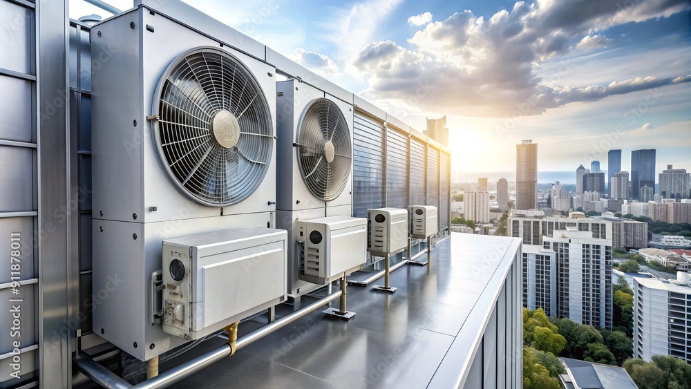 Modern silver commercial HVAC system unit installed on a white wall ...