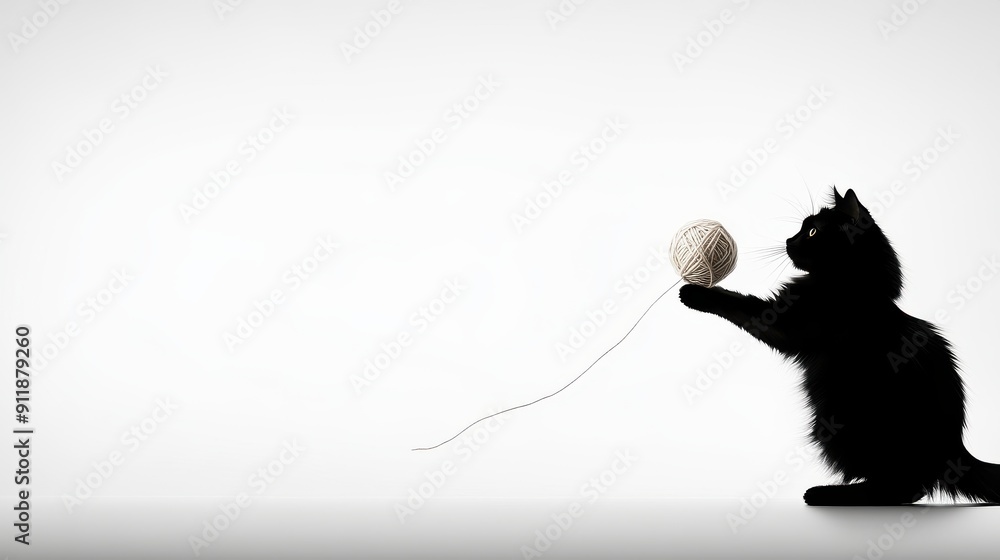 Cat silhouette chasing after an unraveling ball of yarn, dynamic and ...