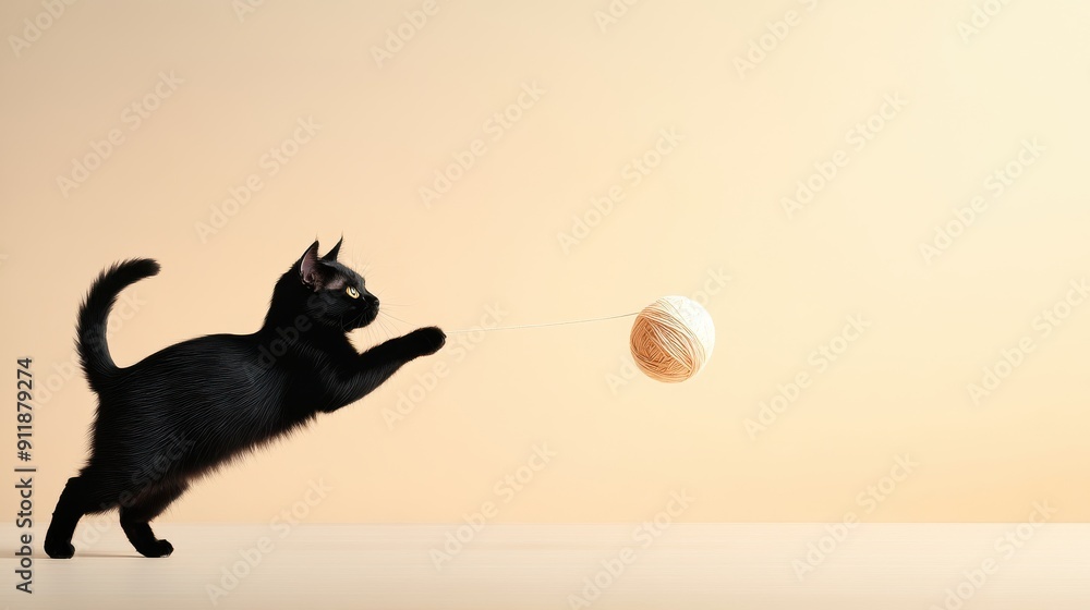 Cat silhouette chasing after an unraveling ball of yarn, dynamic and ...