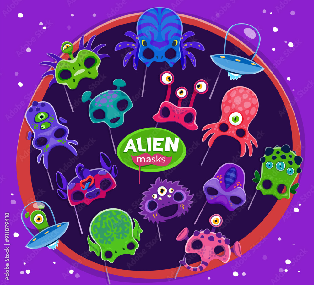 Vetor de UFO alien photo booth and carnival masks or props, vector kids ...
