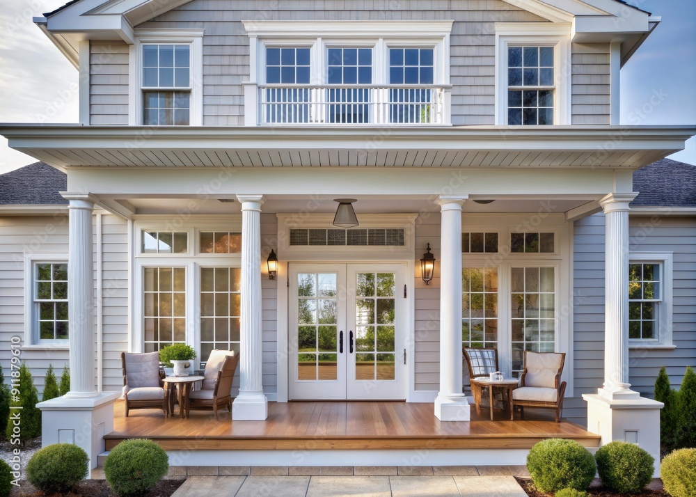 Chic white painted French doors with transom window above, adorn the ...