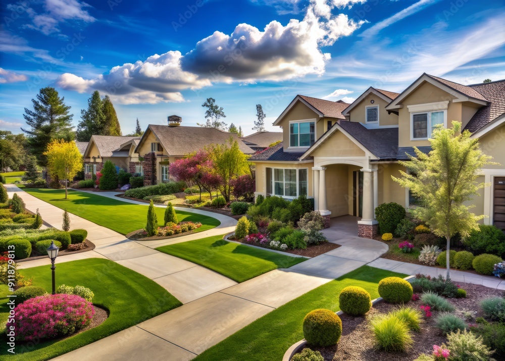Upscale residential neighborhood with single-story homes featuring ...