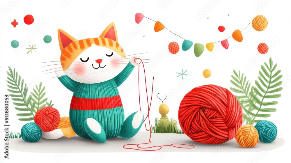 High-resolution clipart of a cat pawing at a ball of yarn, joyful and ...