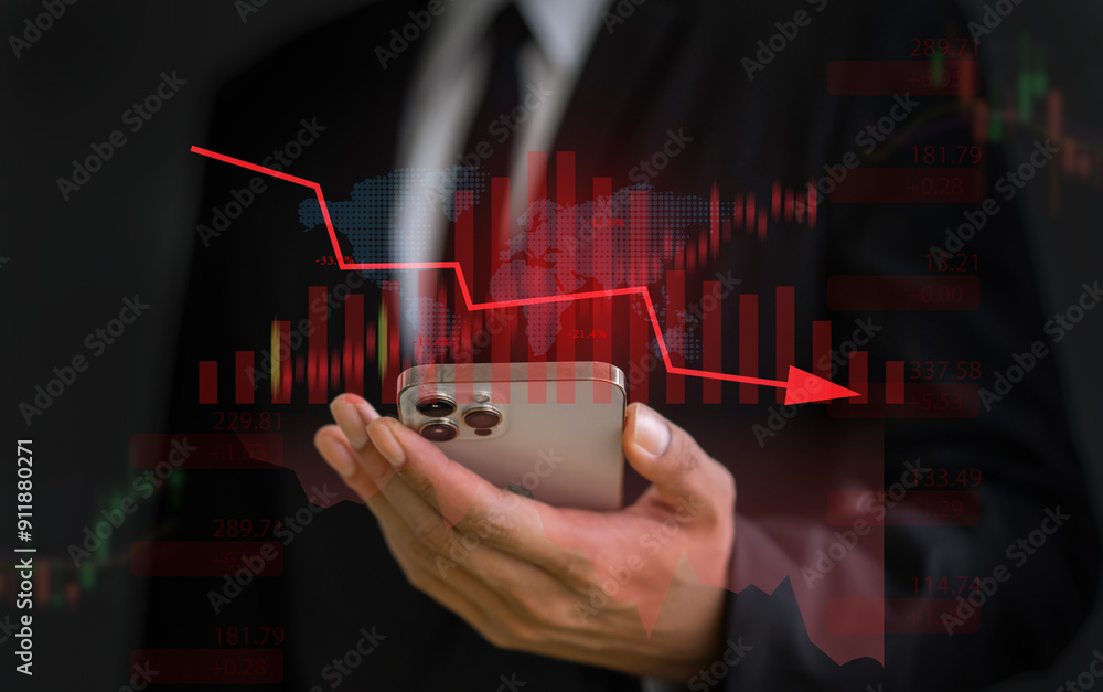 Dramatic stock market crash, red downward arrows and declining ...