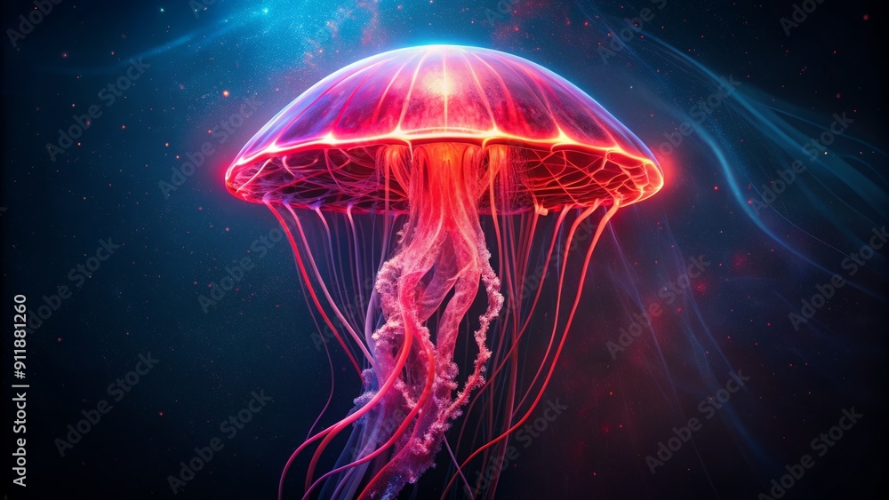 Vibrant red neon glowing jellyfish-like creature floats in the darkness ...
