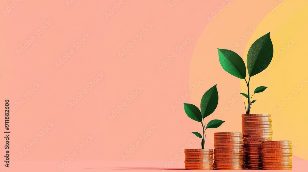 A modern financial growth scene featuring young plants emerging from ...