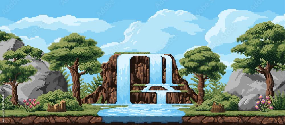 8 bit pixel landscape with mountains and waterfall cascade arcade game ...