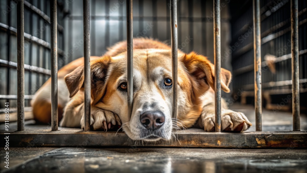 Sadness permeates the scene as a confined canine, trapped in a cold ...