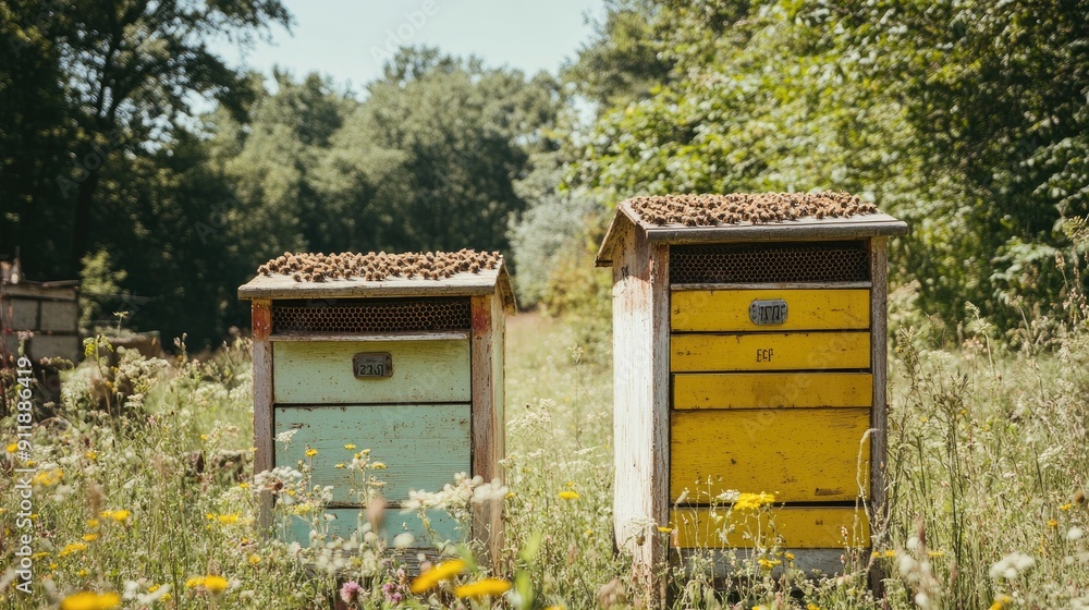 Two bee hives, one yellow and one blue, are sitting in a field of ...