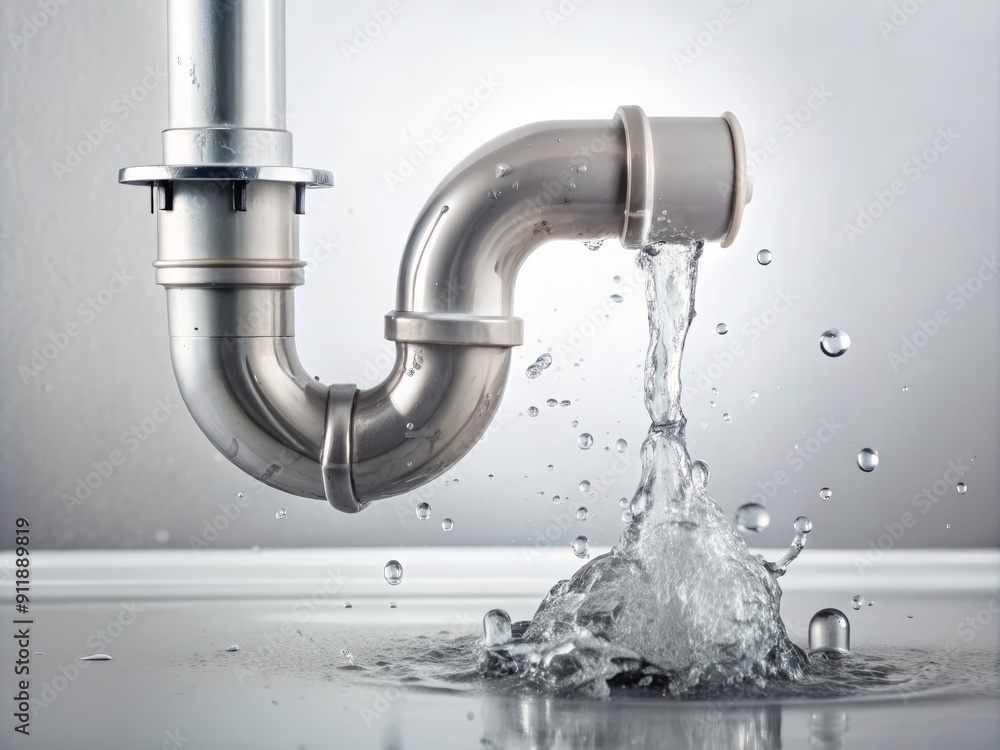 Water droplets leak from a cracked gray plastic pipe under the sink ...