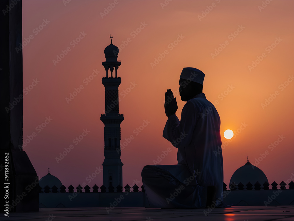 A group of Muslims standing in prayer as the Adhan is being recited in ...