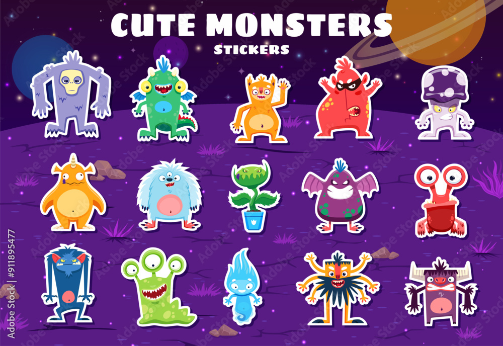 Cartoon monster characters stickers pack featuring cute and creatures ...