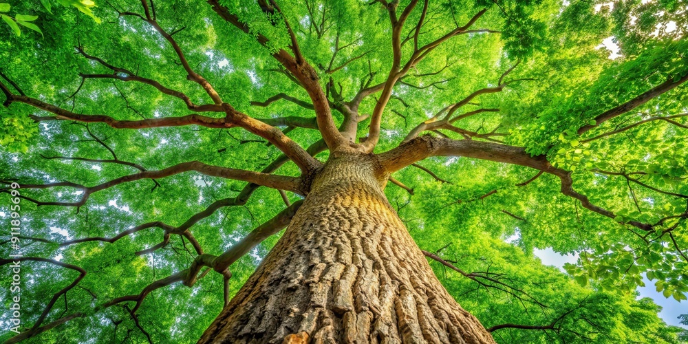 Tall tree with distinct flaky bark, wide canopy, and bright green ...