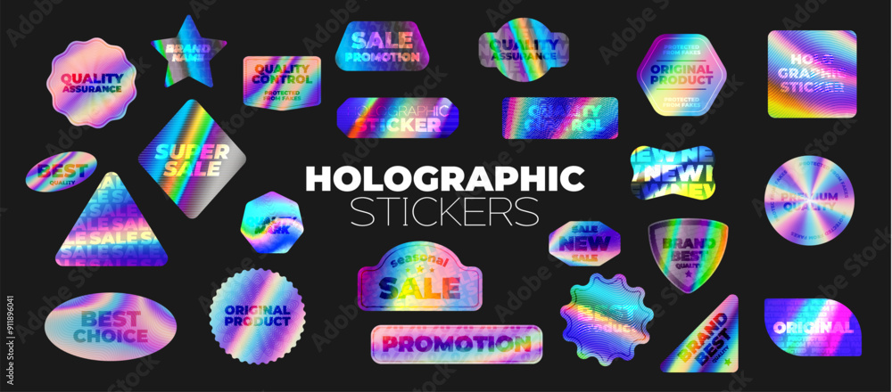 Hologram stickers, labels, stamps and tags with neon color gradient ...