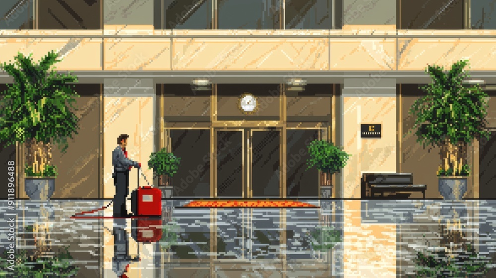 An 8-bit pixel art janitor cleaning the lobby of a high-rise office ...
