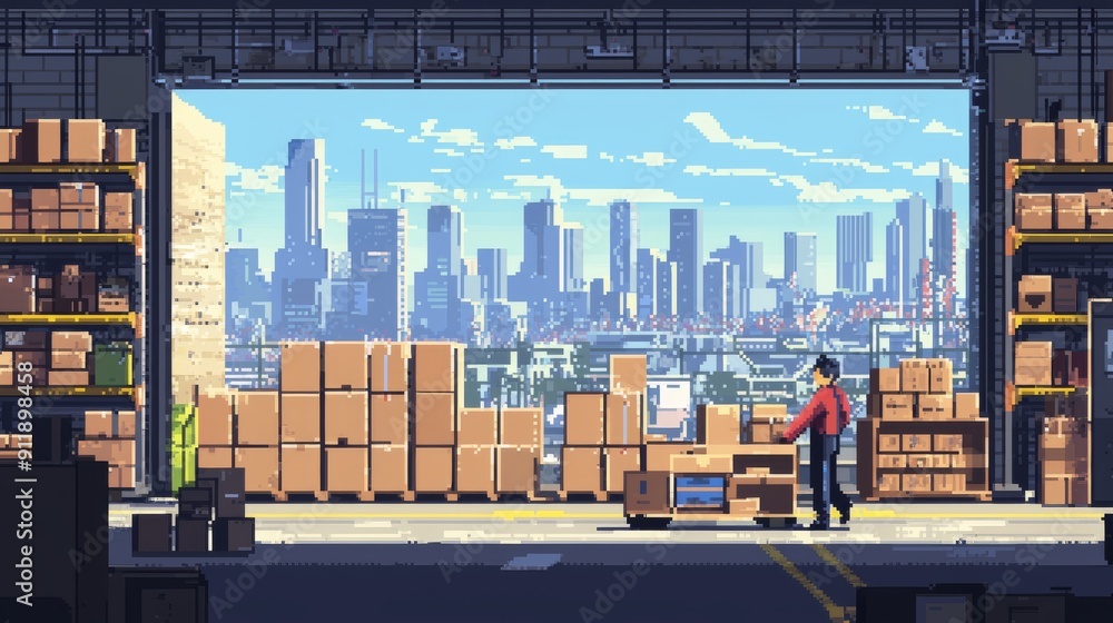 An 8-bit pixel art delivery person sorting packages in a city warehouse ...