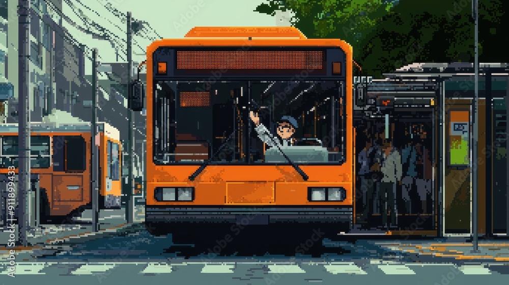 An 8-bit pixel art bus driver waving to passengers as they board in the ...