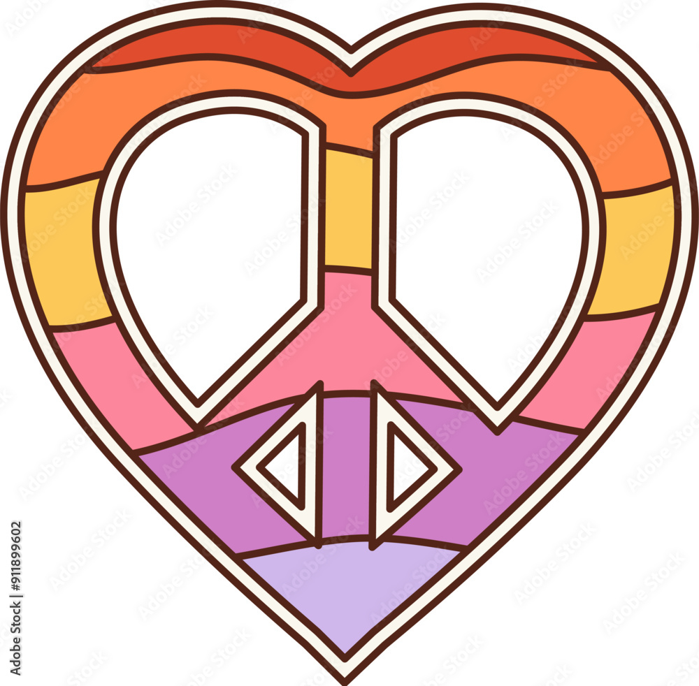 Cartoon retro groovy hippie love peace sign. heart with rainbow colors ...