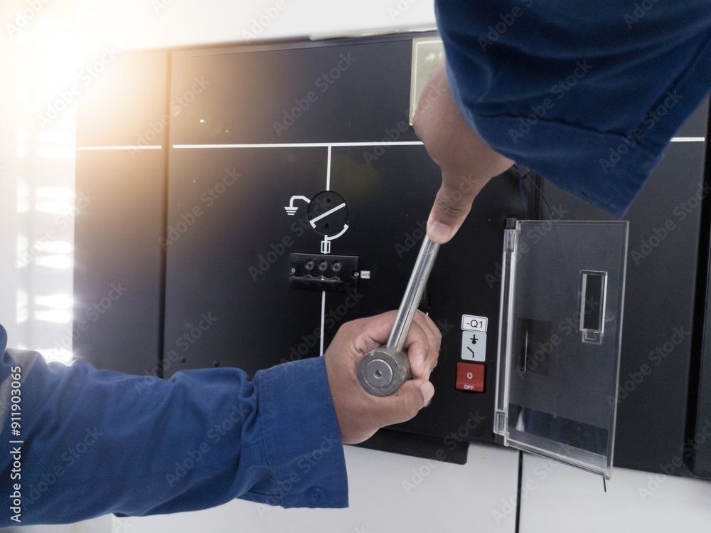 The Engineer Switching on the triping Cubicle panel power plant with ...