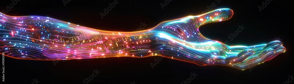 Arms with multicolor holographic waves in cyberpunk setting, side view ...