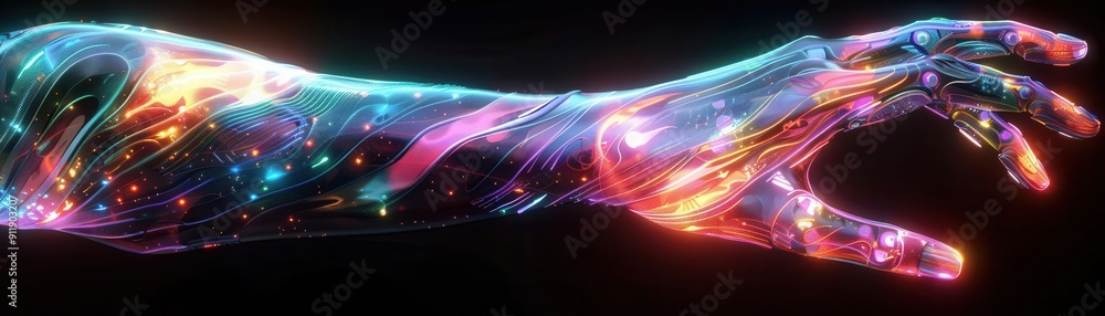 Arms with multicolor holographic waves in cyberpunk setting, side view ...