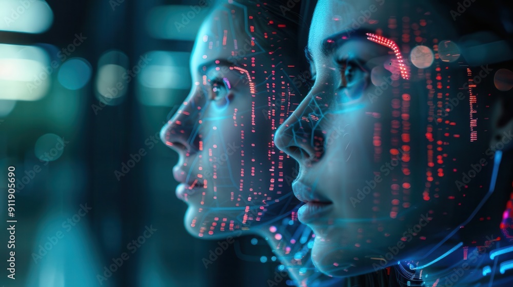 Prismatic reflections on faces in futuristic environment, side view ...