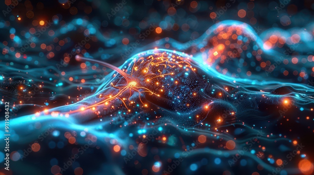 Render glowing holographic neural component, side view, synapse focus, scifi tone, triadic color ...