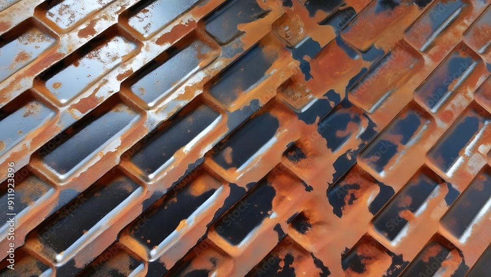ภาพประกอบสต็อก Rusty corrugated metal surface with triangular ridges ...