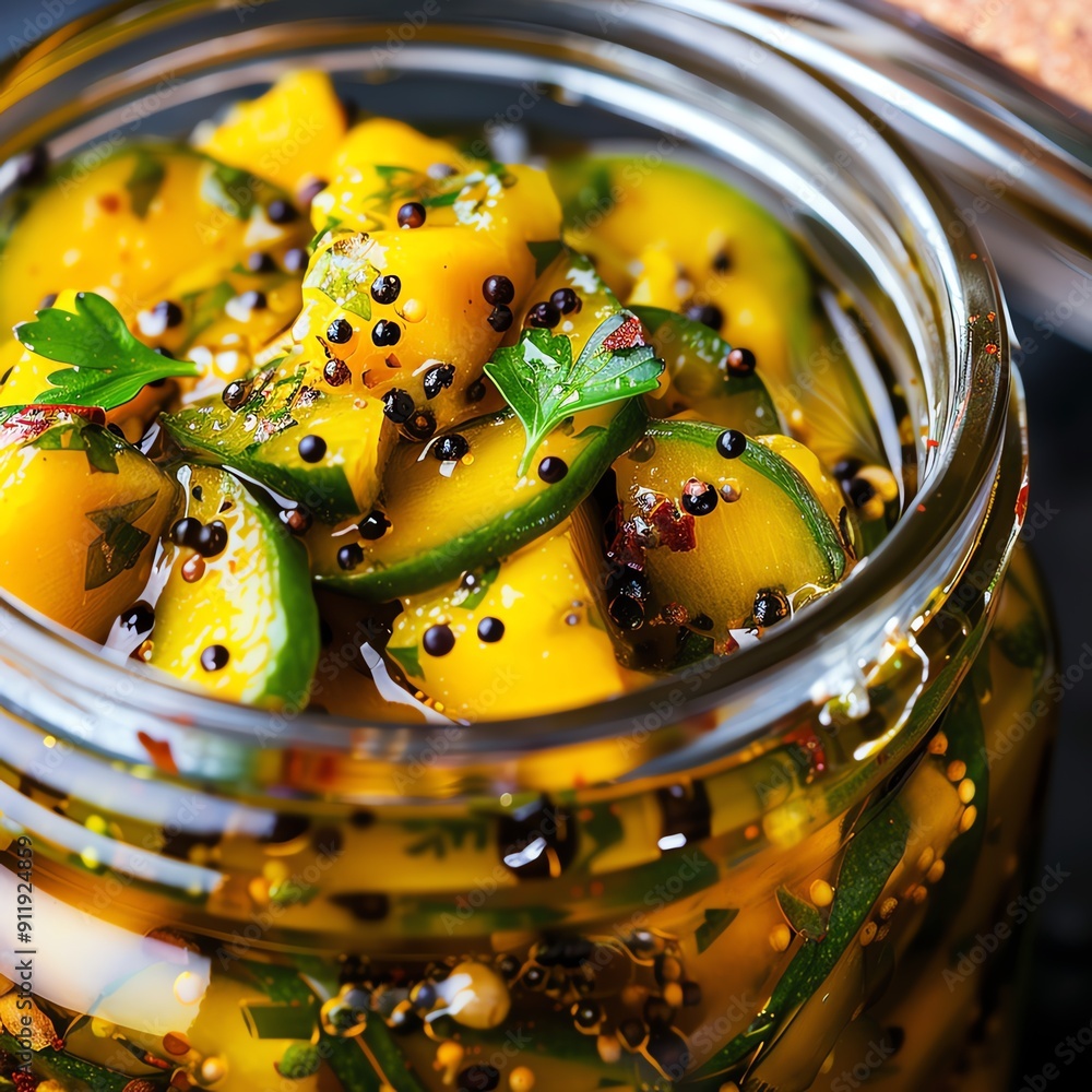 Raw Indian mango pickle with sliced green mangoes, mustard oil, and ...