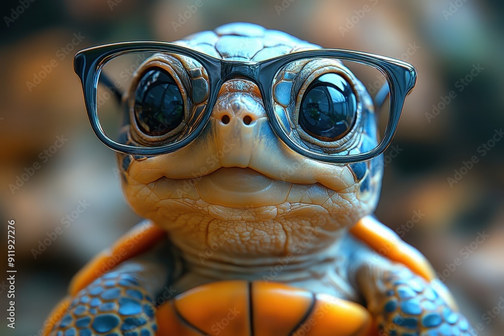 Cute Little Turtle Wearing Glasses, Realistic Photo with High ...