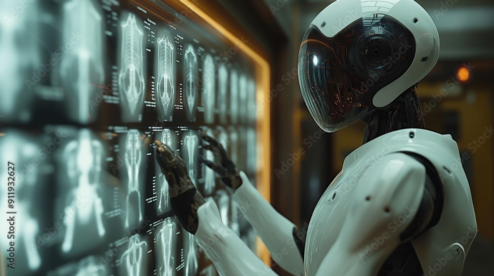 An AI humanoid robot analyzing medical x-rays, demonstrating advanced ...