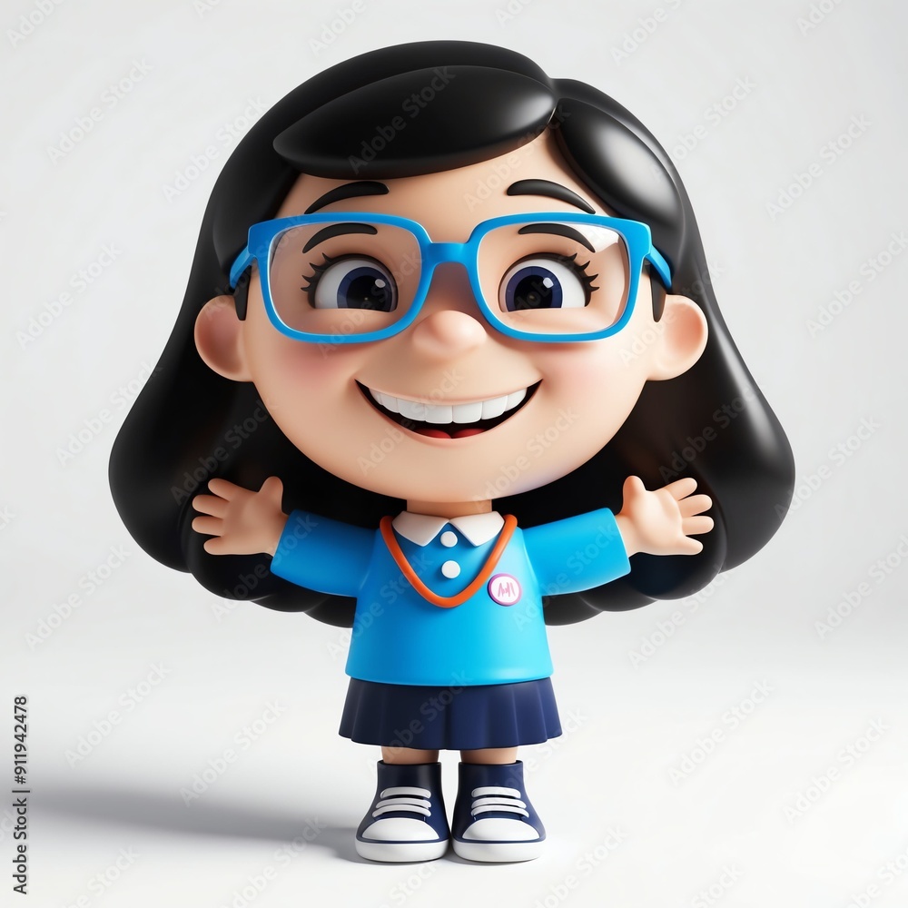 smiling cute nerd girl 3d cartoon character on plain white background ...