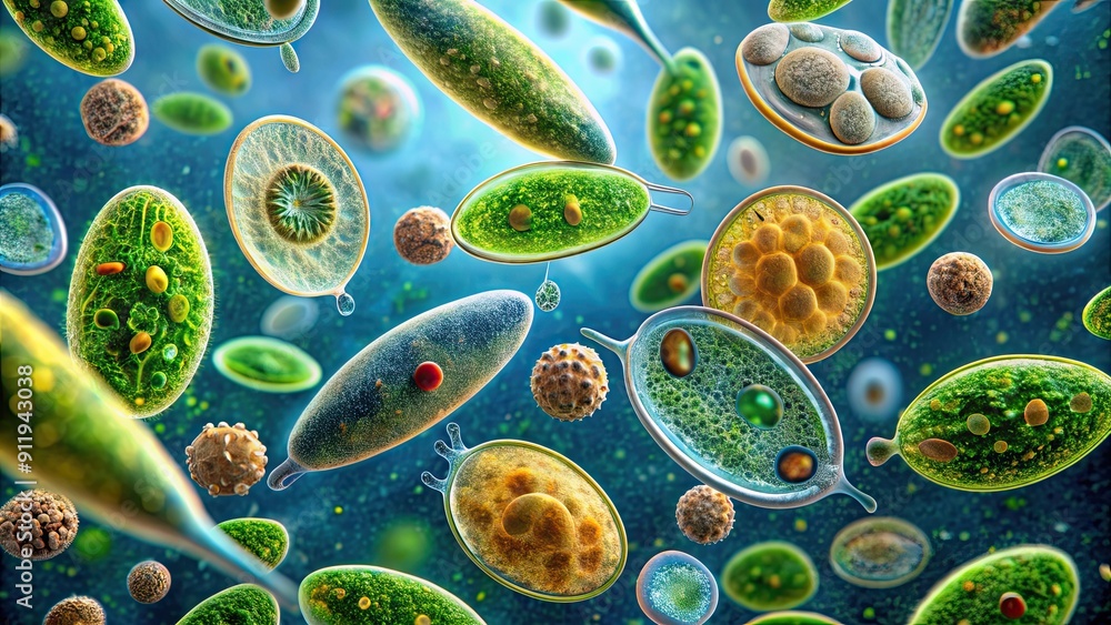 Microscopic view of Chlamydomonas algae, paramecium ciliates, and ...